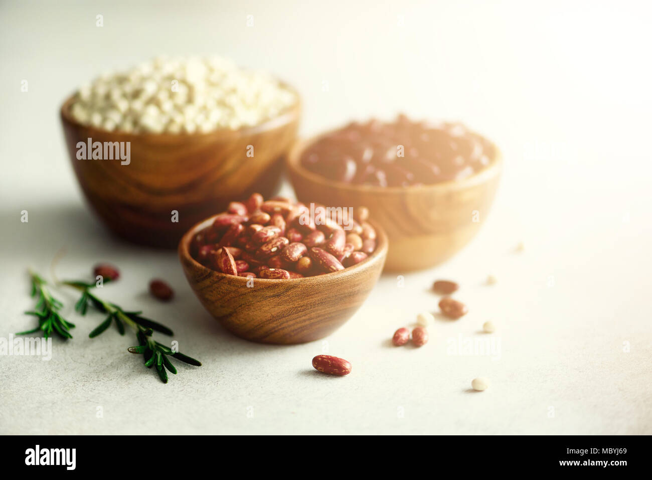 Various of kidney beans. Red, white and black kidney beans in wooden ...
