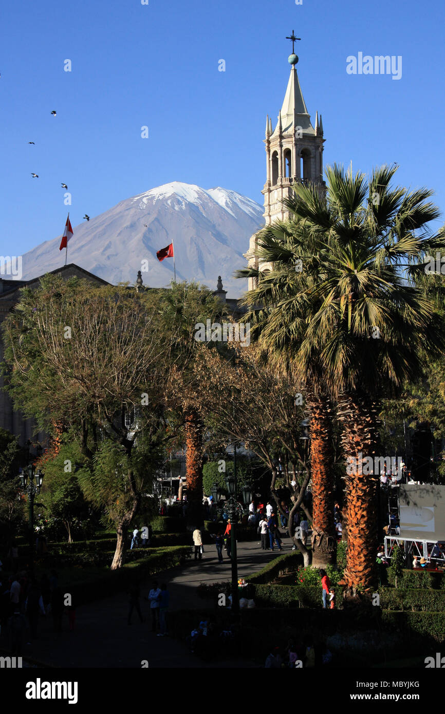 The Cathedral of Arequipa in front of a majestic Volcano Stock Photo ...