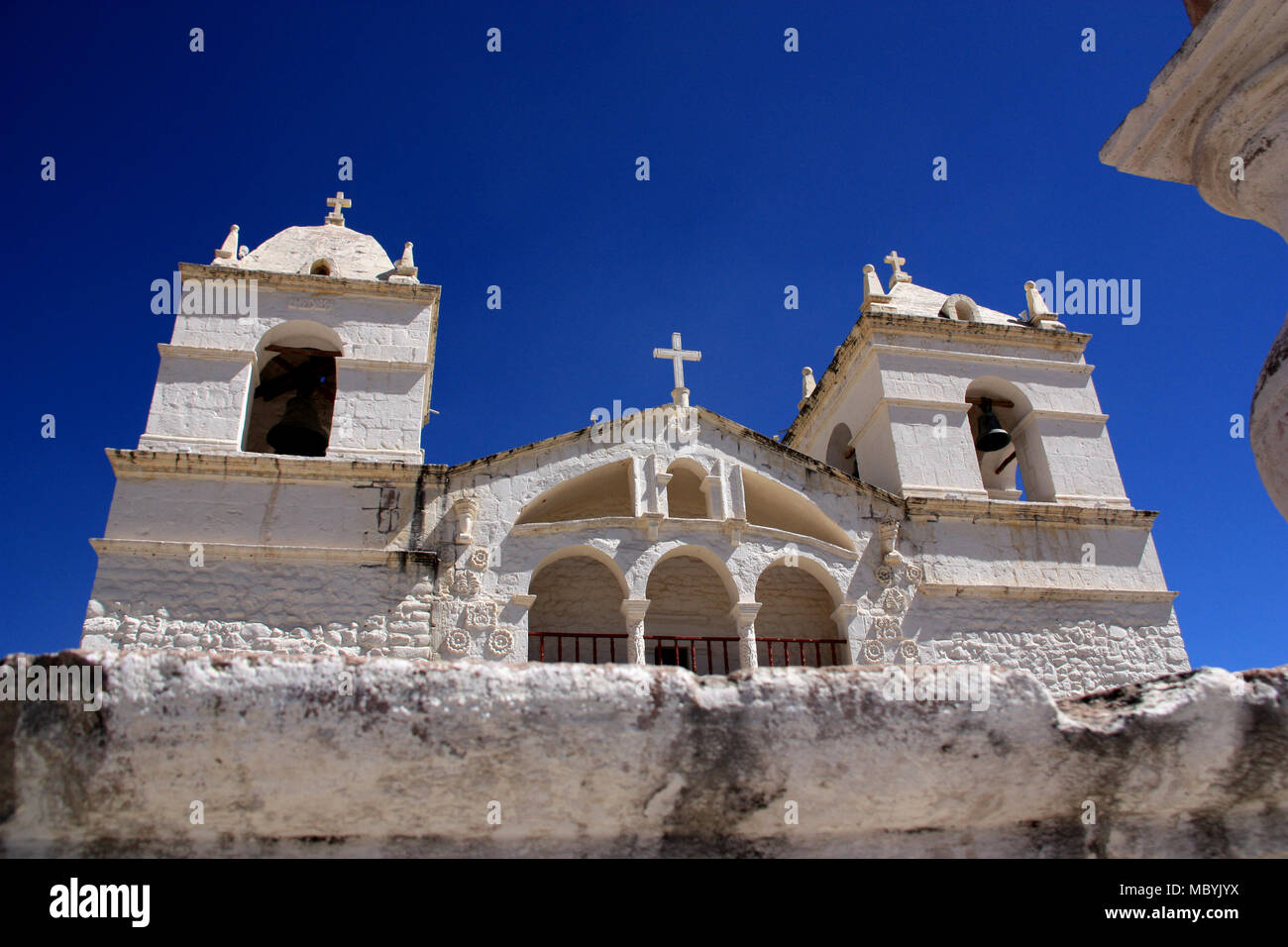 The white colonial church in Maca, Peru Stock Photo - Alamy