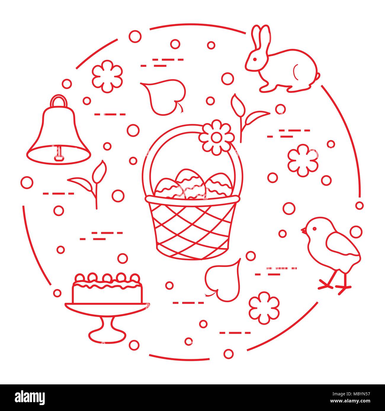 Easter symbols. Simnel cake, basket, eggs, bell, rabbit, chick, flowers ...