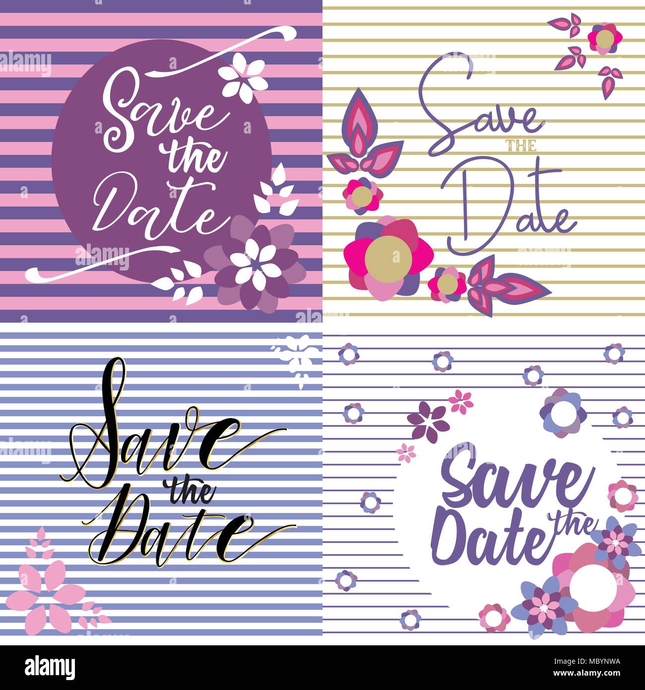 set of 4 vector striped invitation card templates decorated with floral ...