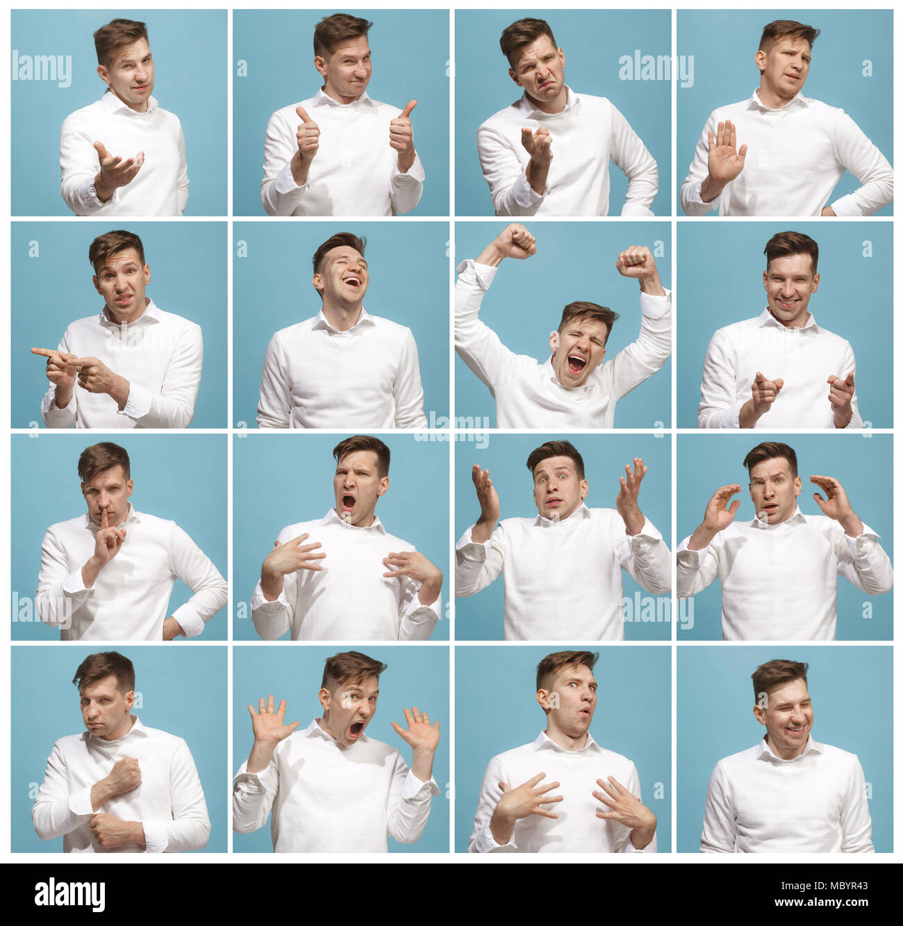 The collage of different human facial expressions, emotions and ...