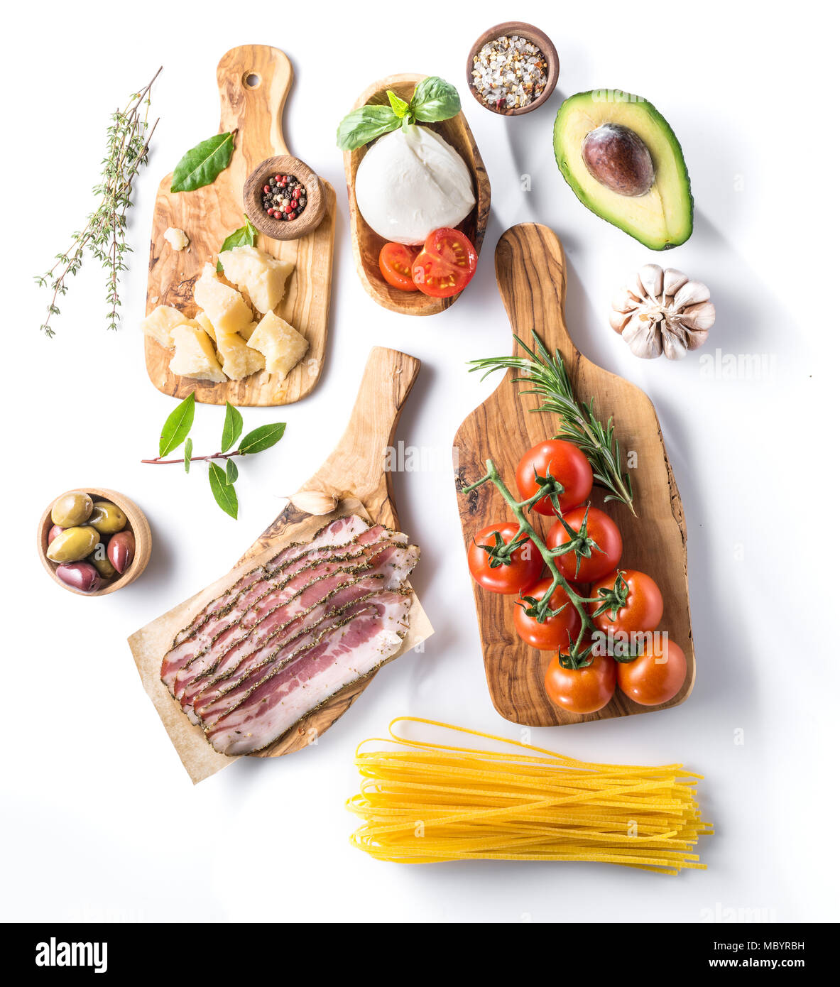 Variety of popular Italian food on white background. Top view Stock ...