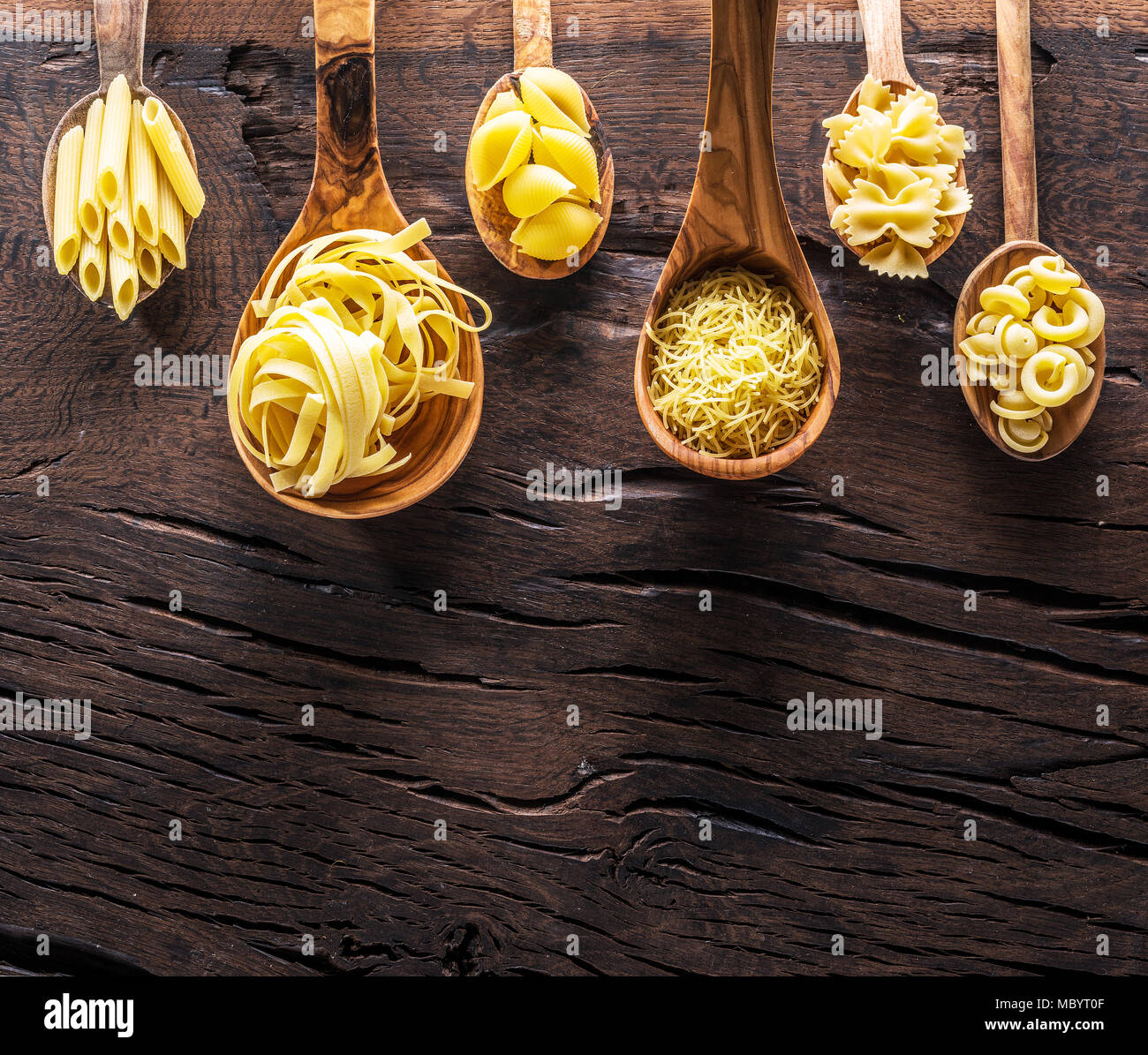 Different pasta types in wooden spoons on the table. Top view Stock ...