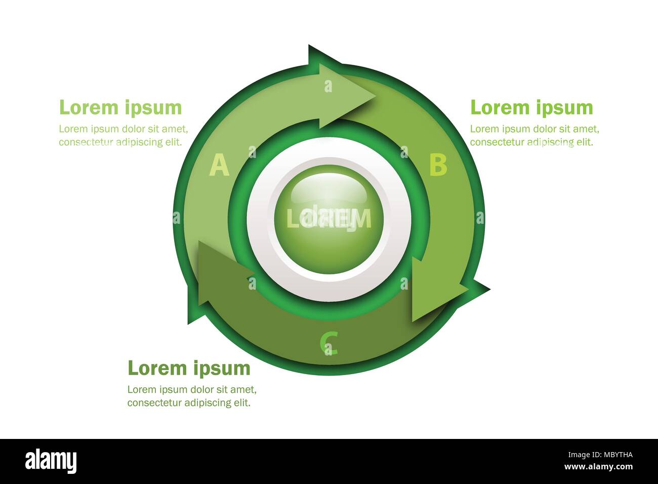 Three topics green arrow chart in paper cut style with marble circle in ...