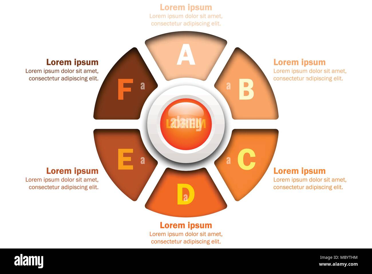 Six topics Orange chart in paper cut style with marble circle in center ...