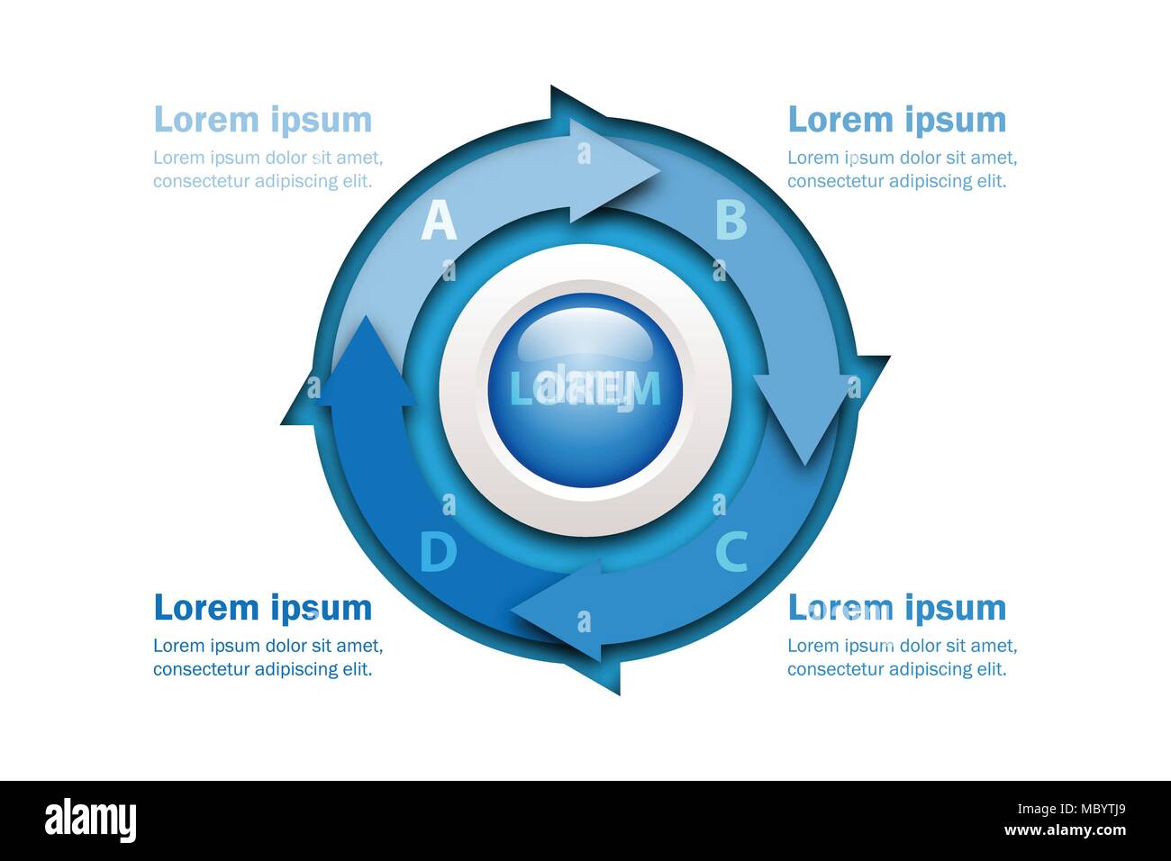 Four topics blue arrow chart in paper cut style with marble circle in ...