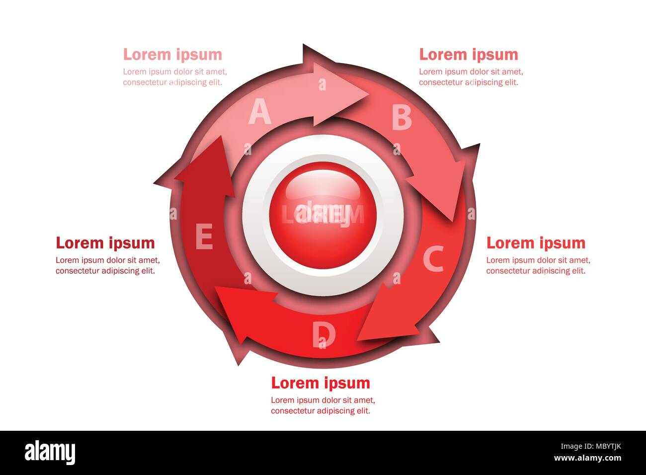 Five topics red arrow chart in paper cut style with marble circle in ...