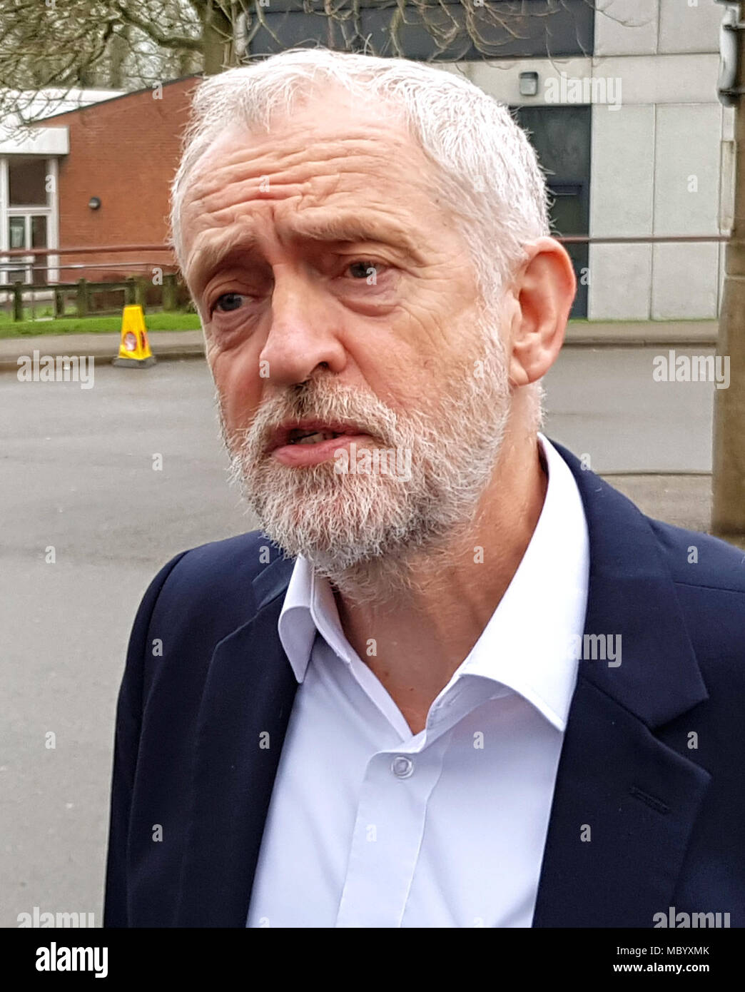 Labour leader Jeremy Corbyn speaks to the media outside Littleover ...