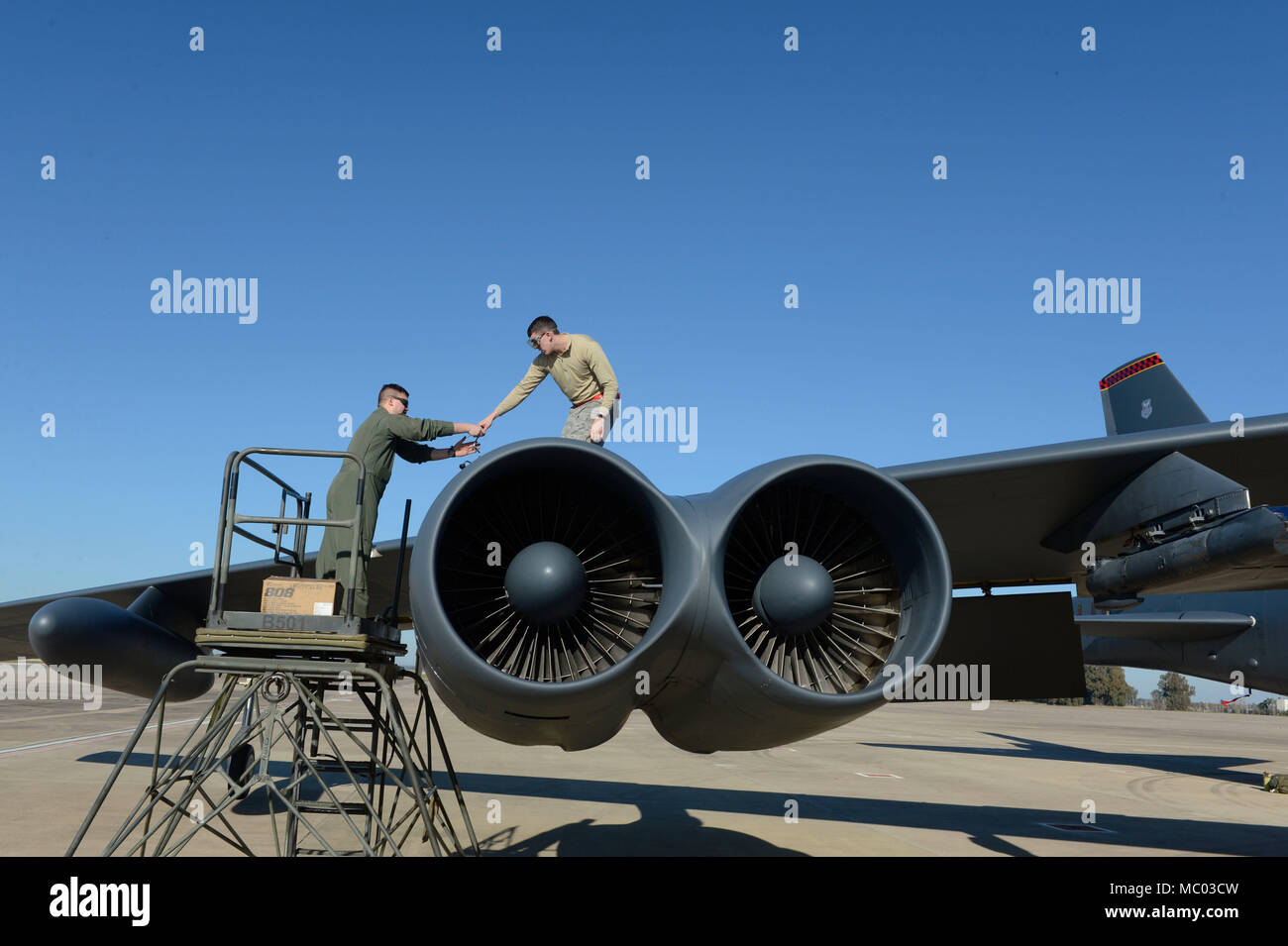 A crew member and maintainer, assigned to the 23rd Expeditionary Bomb ...