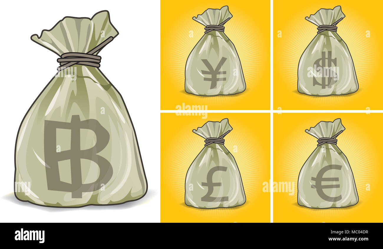 Vector illustrated present bags of money show currency Stock Photo - Alamy