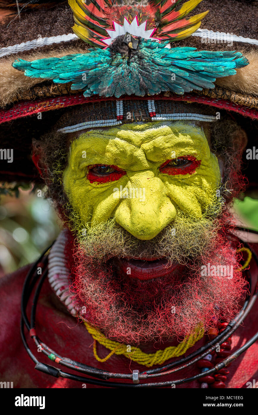 Portrait of an old Huli wigman with yellow face painting, Mount Hagen ...