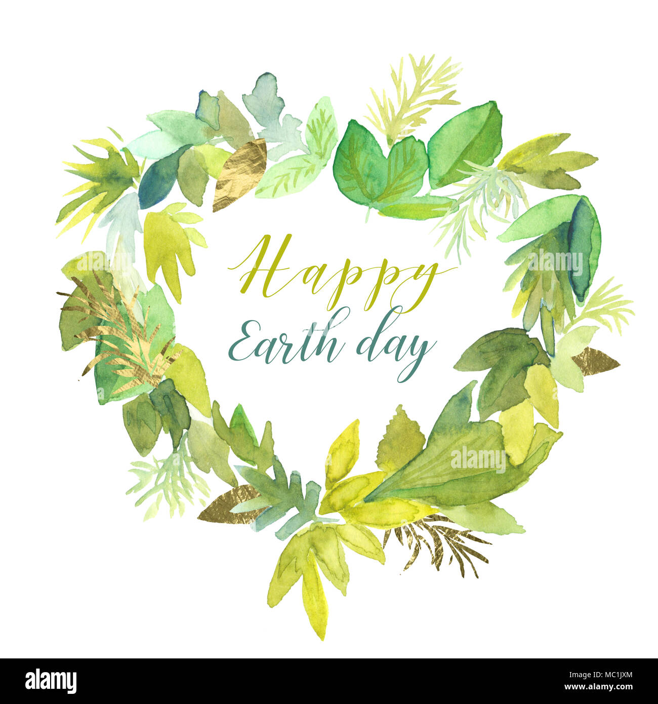 watercolor heart shaped green and golden leaves with Happy Earth day ...
