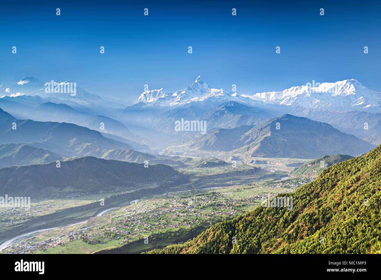 Sunrise in Himalaya mountains, view from Sarangkot, Nepal Stock Photo ...