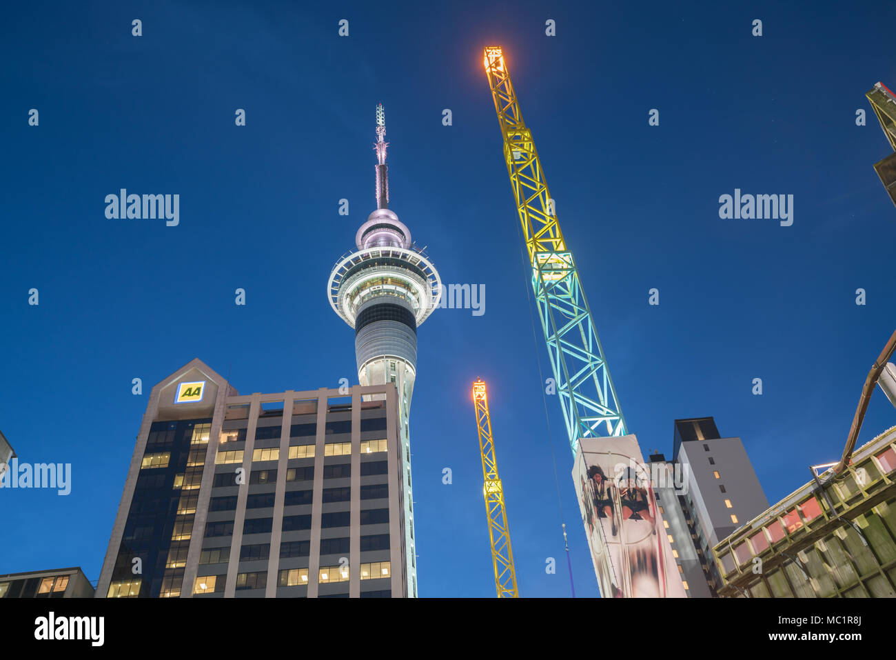 AUCKLAND, NEW ZEALAND - MARCH 25, 2018; Brightly illuminated Sky Tower ...
