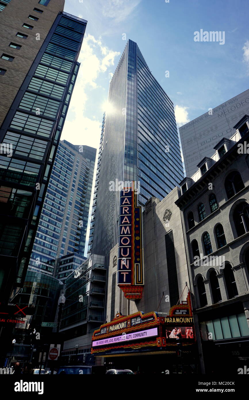 Boston, USA: View of the Paramount theatre in downtown with skyscrapers ...