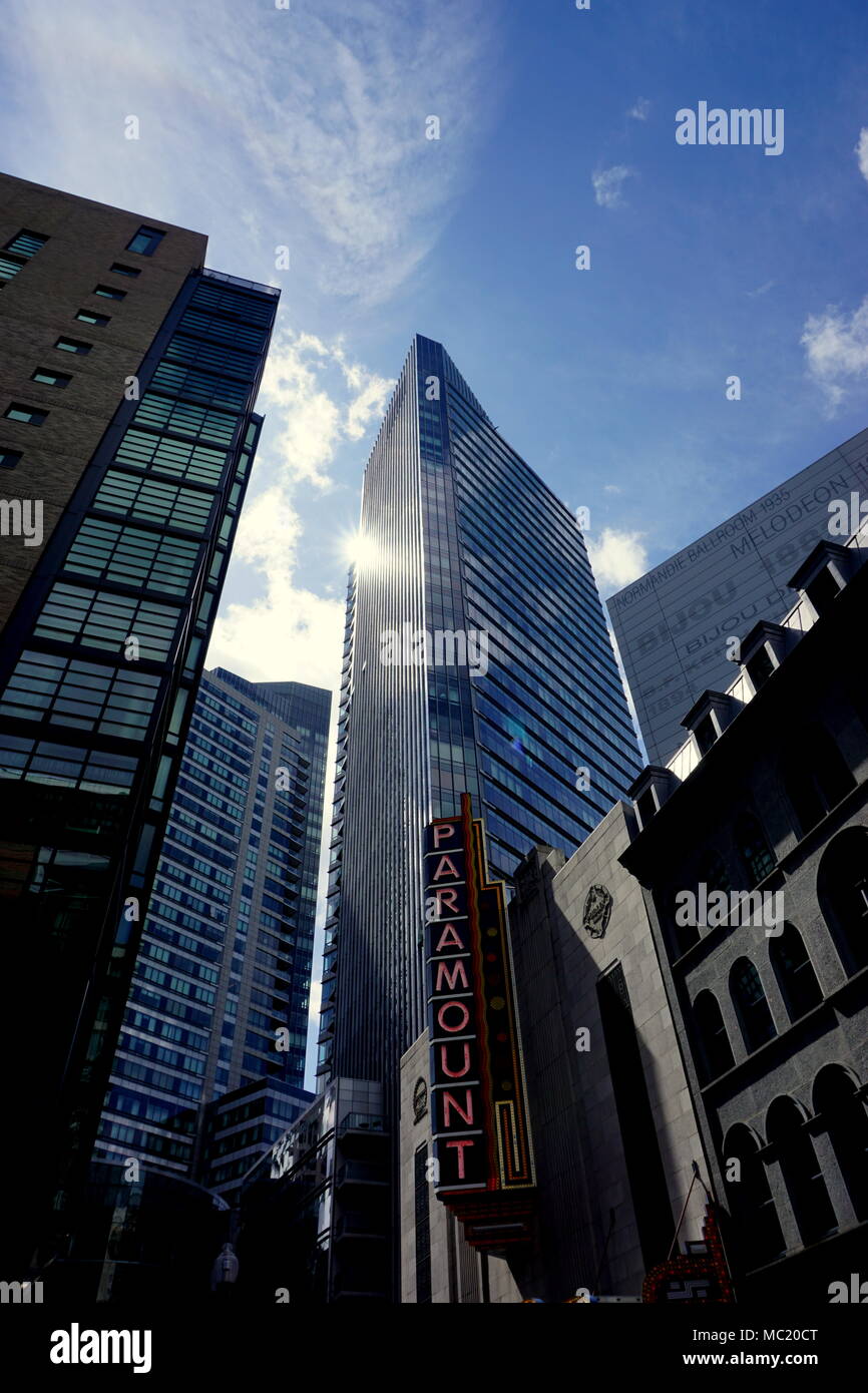 Boston, USA: View of the Paramount theatre in downtown with skyscrapers ...