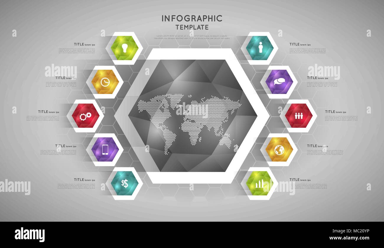 abstract infographic template with colorful hexagon crystals and icons ...