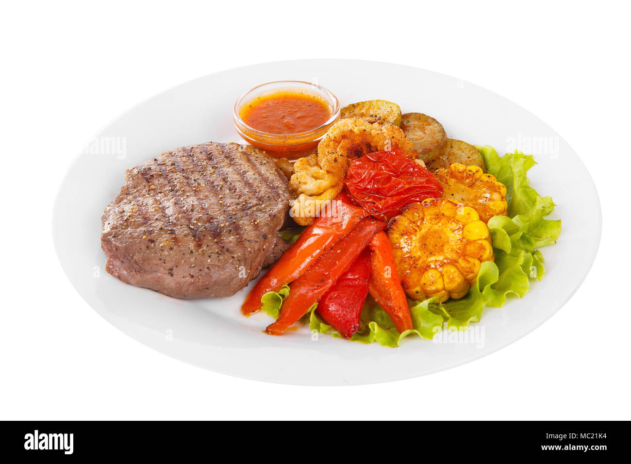 Steak beef, pork, lamb, grilled meat, barbecue with side dish ...