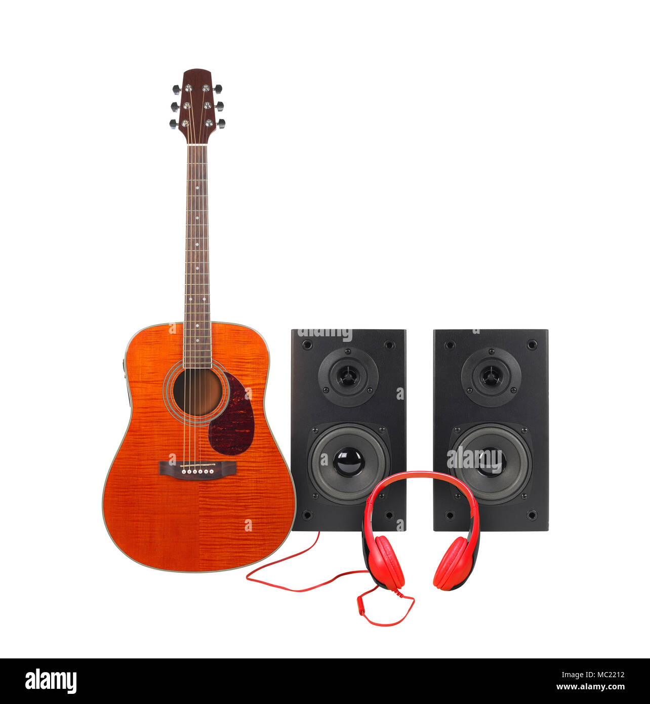 Music and sound - Front view orange acoustic guitar, line array ...