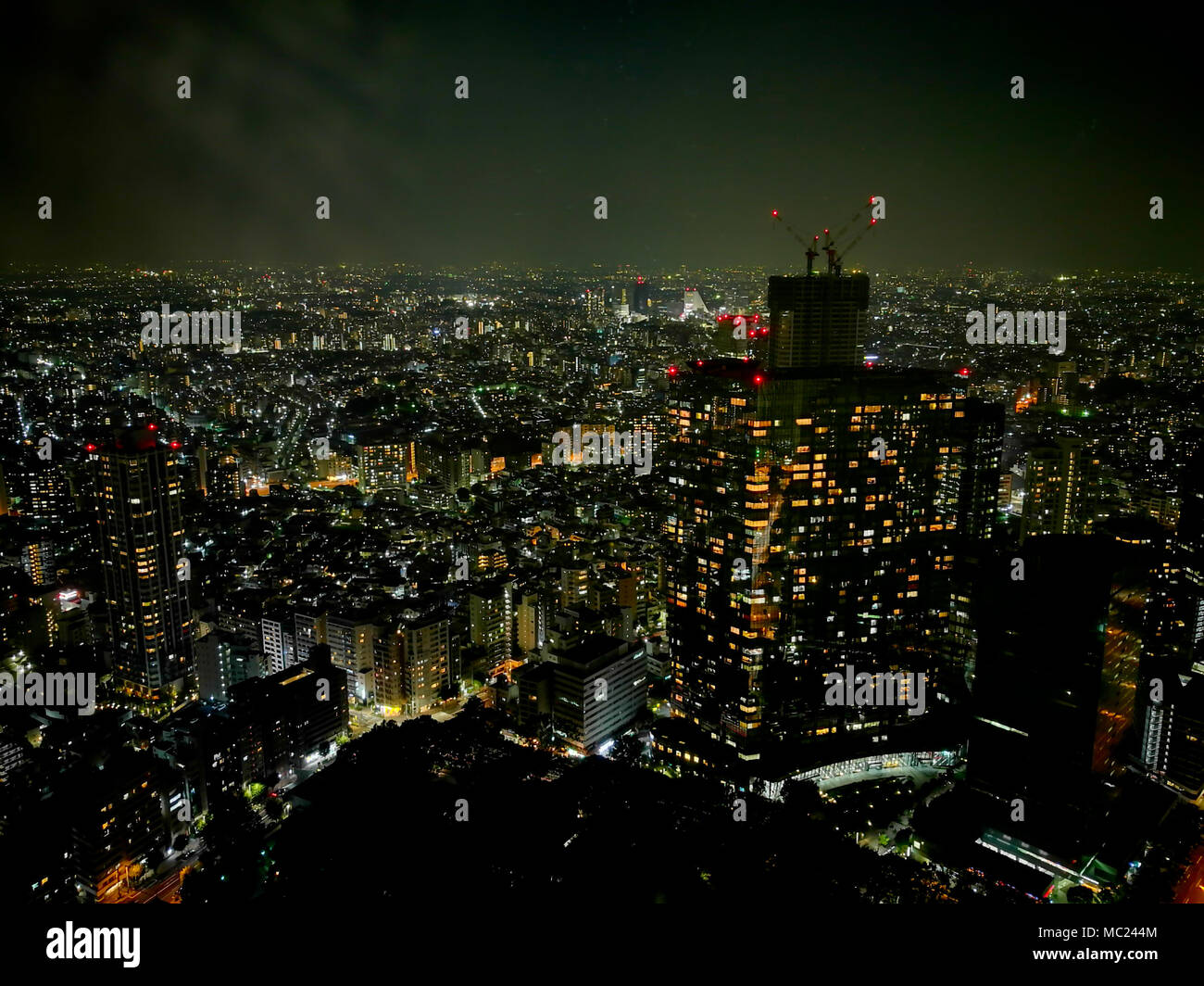 Stunning night light scene of misty raining Tokyo metropolis in Japan ...