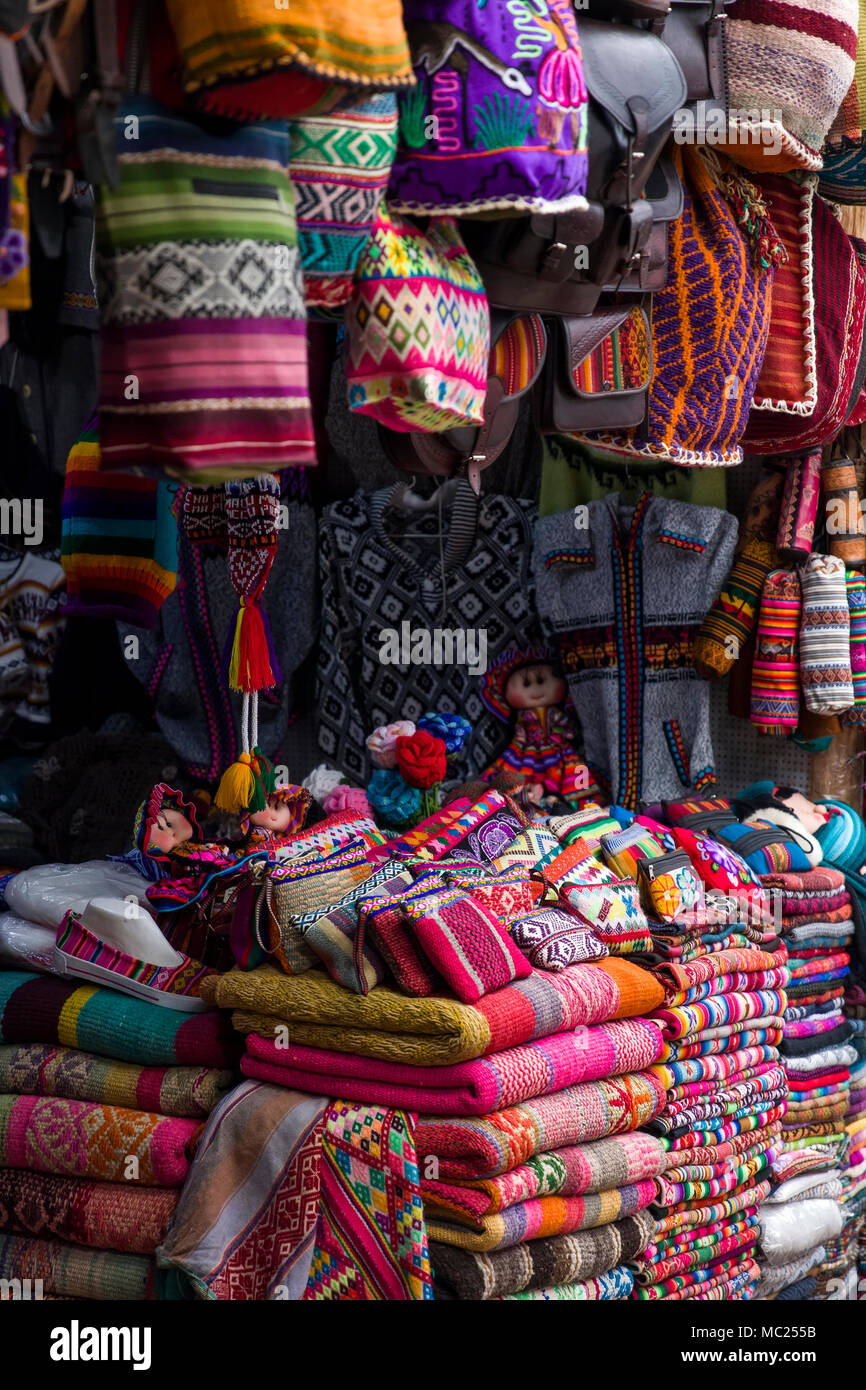 Colorful traditional peruvian fabrics on the market in Cusco, Peru ...