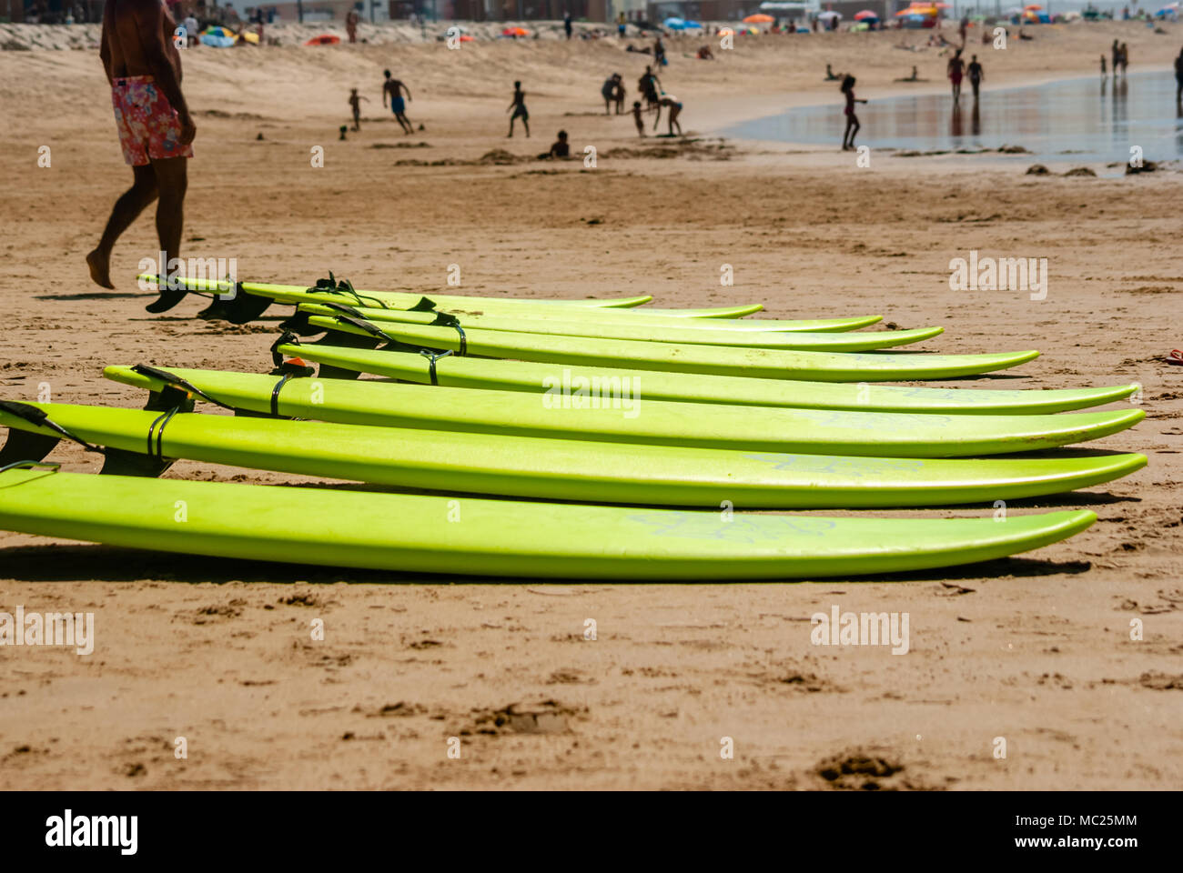 surf boards on a beach. lined up in the sand Stock Photo - Alamy