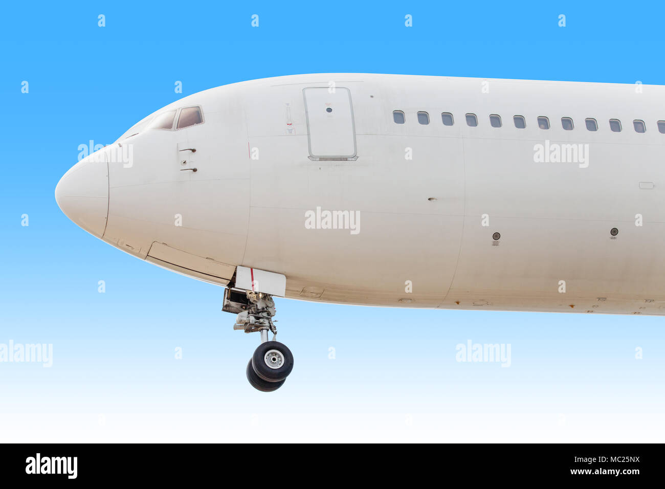 Airplane aircraft flying, landing in the good weather at blue sky Stock ...