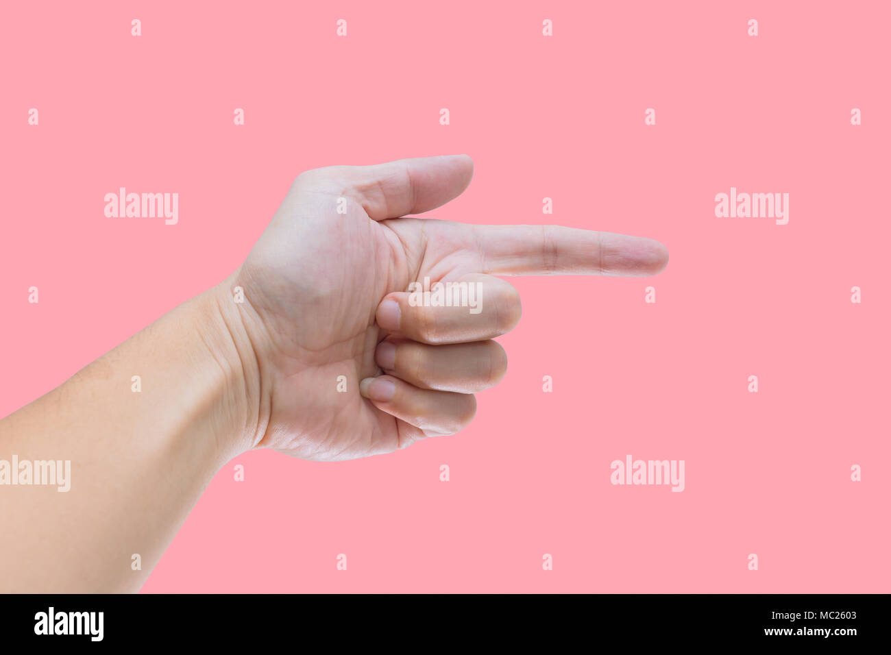 Male hand hand gun or finger point this way isolated on pink color ...