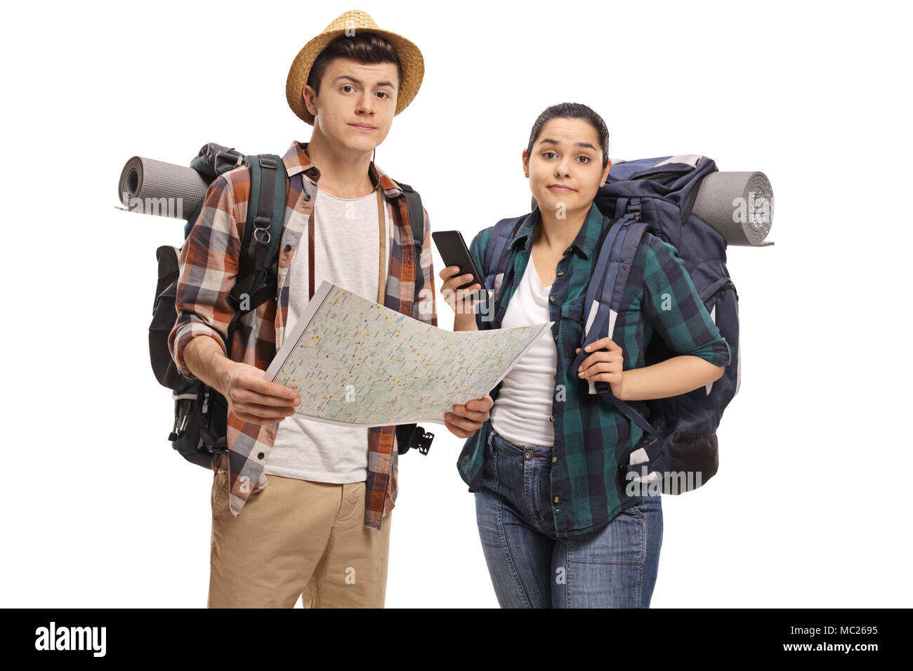 Lost teenage tourists with a map isolated on white background Stock ...