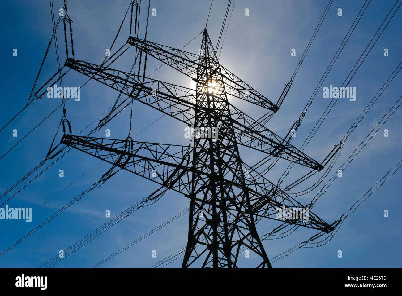 many high-voltage pylons for transporting electricity from a power ...