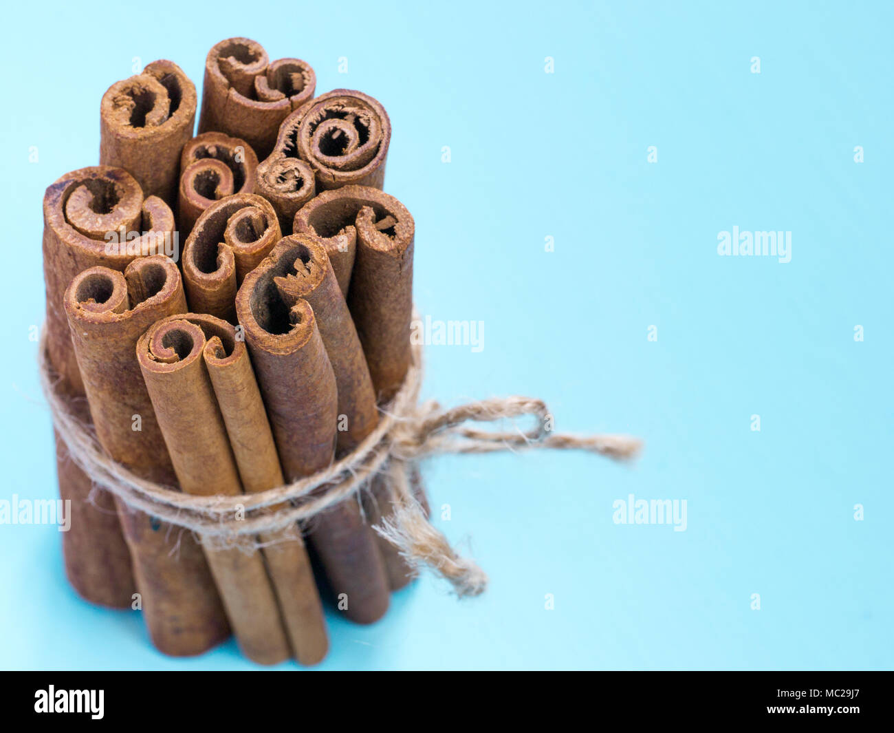 Ground cinnamon, cinnamon sticks, tied with jute rope on blue ...