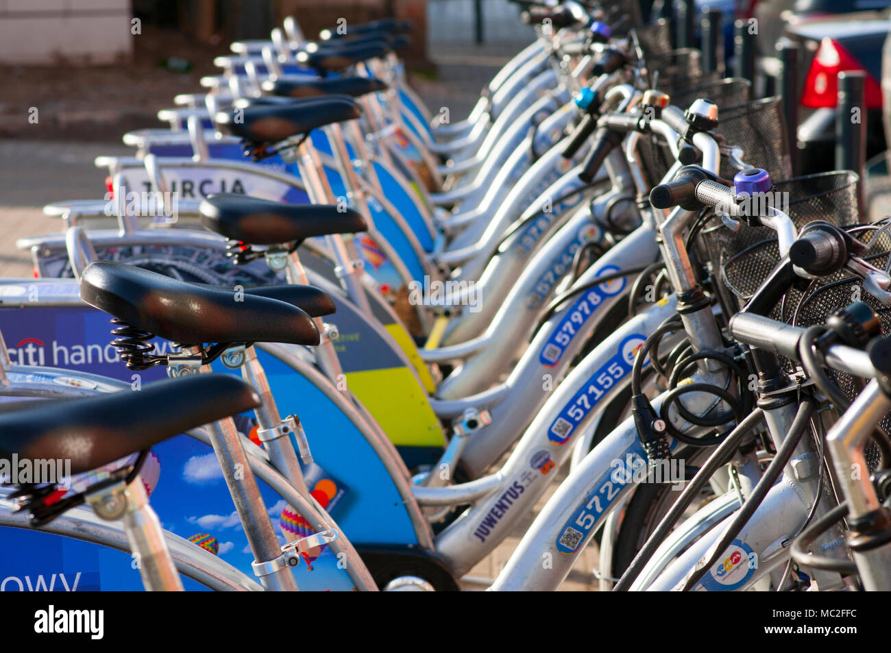 bicycle rental stand. Wroclaw, Poland, April 2018 Urban bikes on the ...