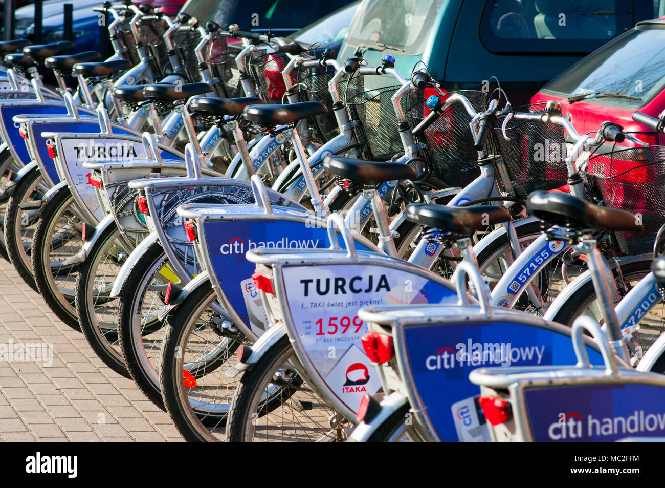 Wroclaw, Poland, April 2018 Urban bikes on the street.bicycle rental ...
