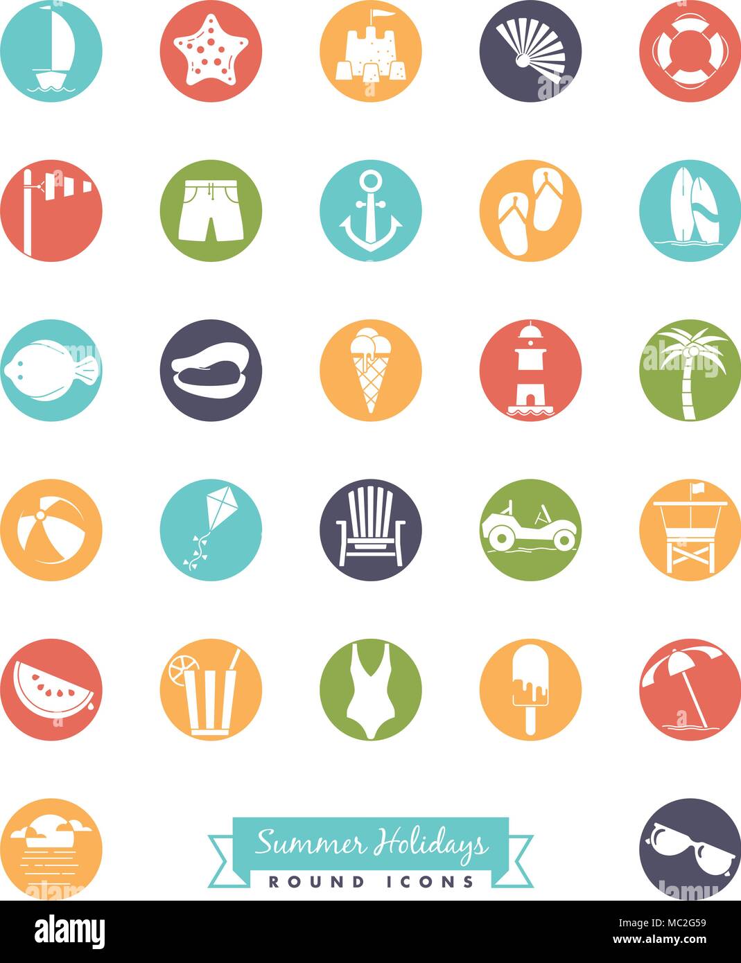 Vector collection of summer holiday, beach and seaside round color ...