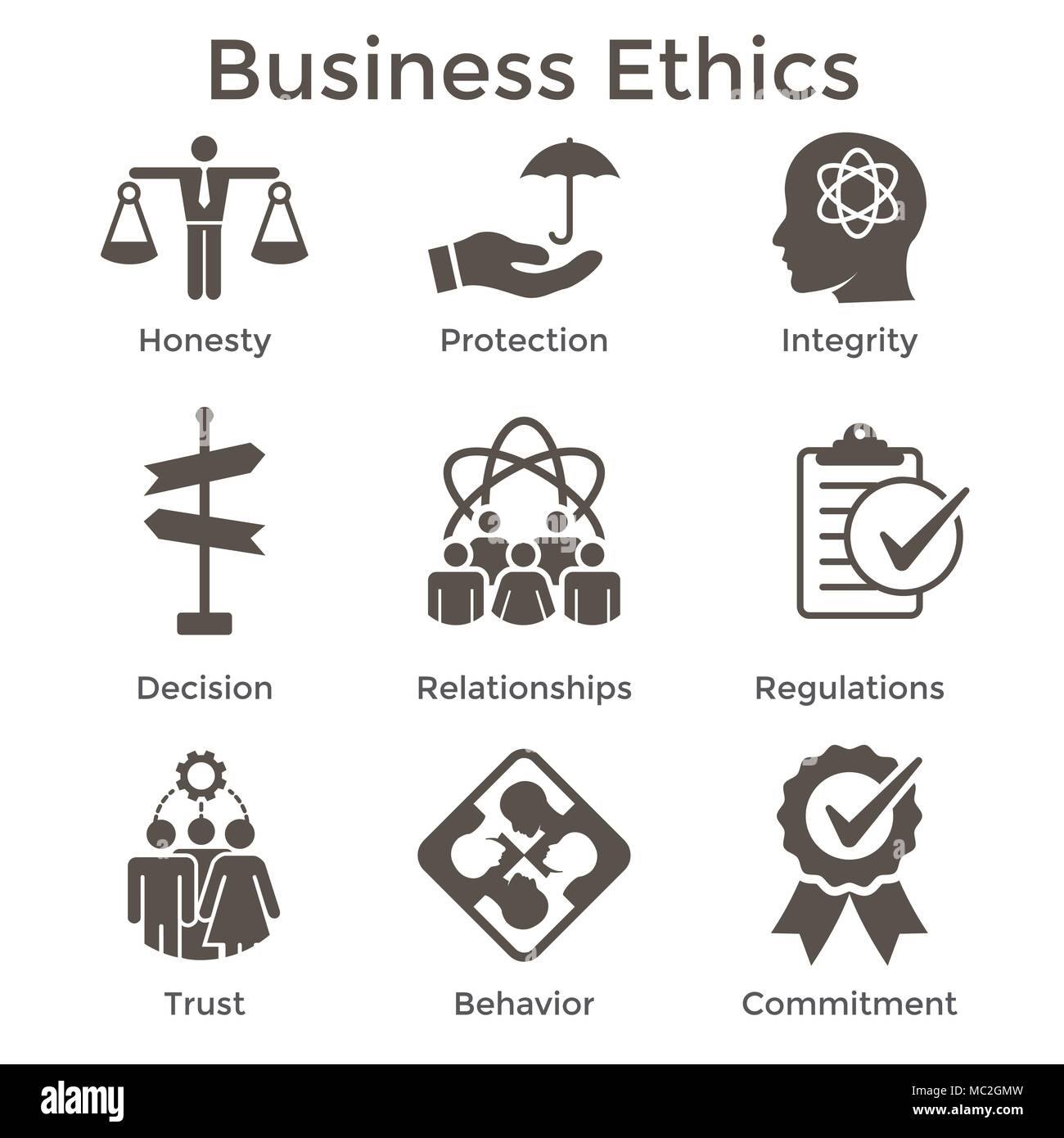 Business Ethics Solid Icon Set with Honesty, Integrity, Commitment ...