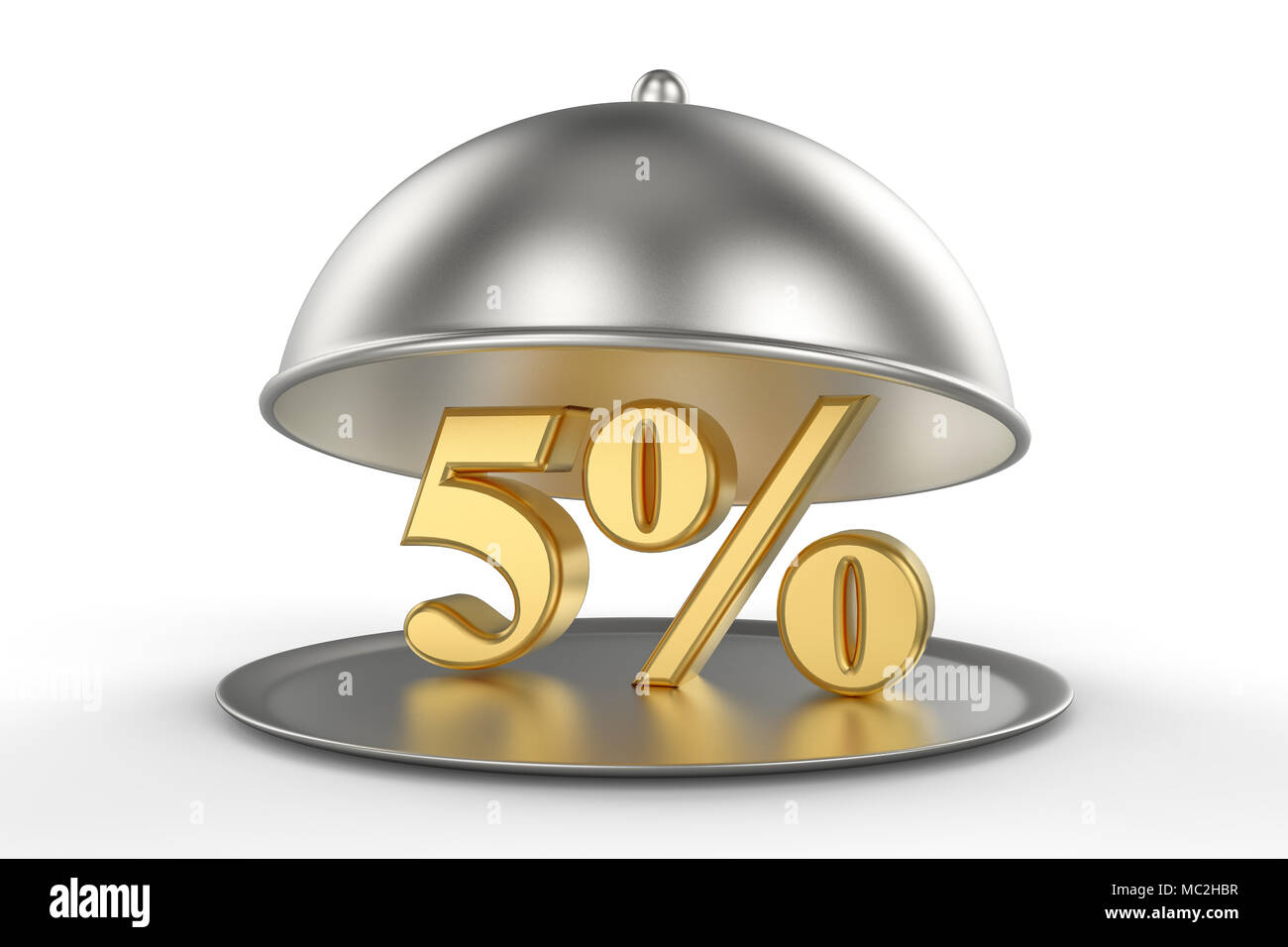 Restaurant cloche with golden 5 percent off Sign on white background ...