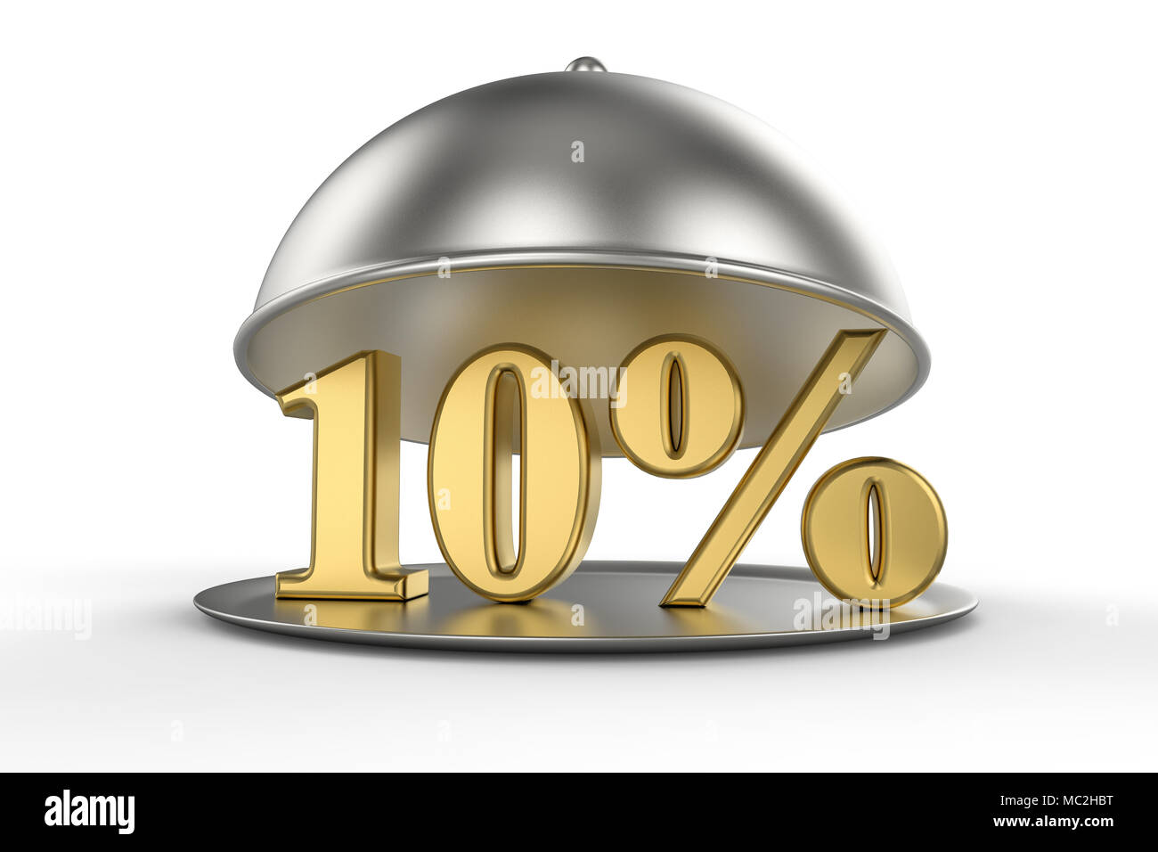 Restaurant cloche with golden 10 percent off Sign on white background ...