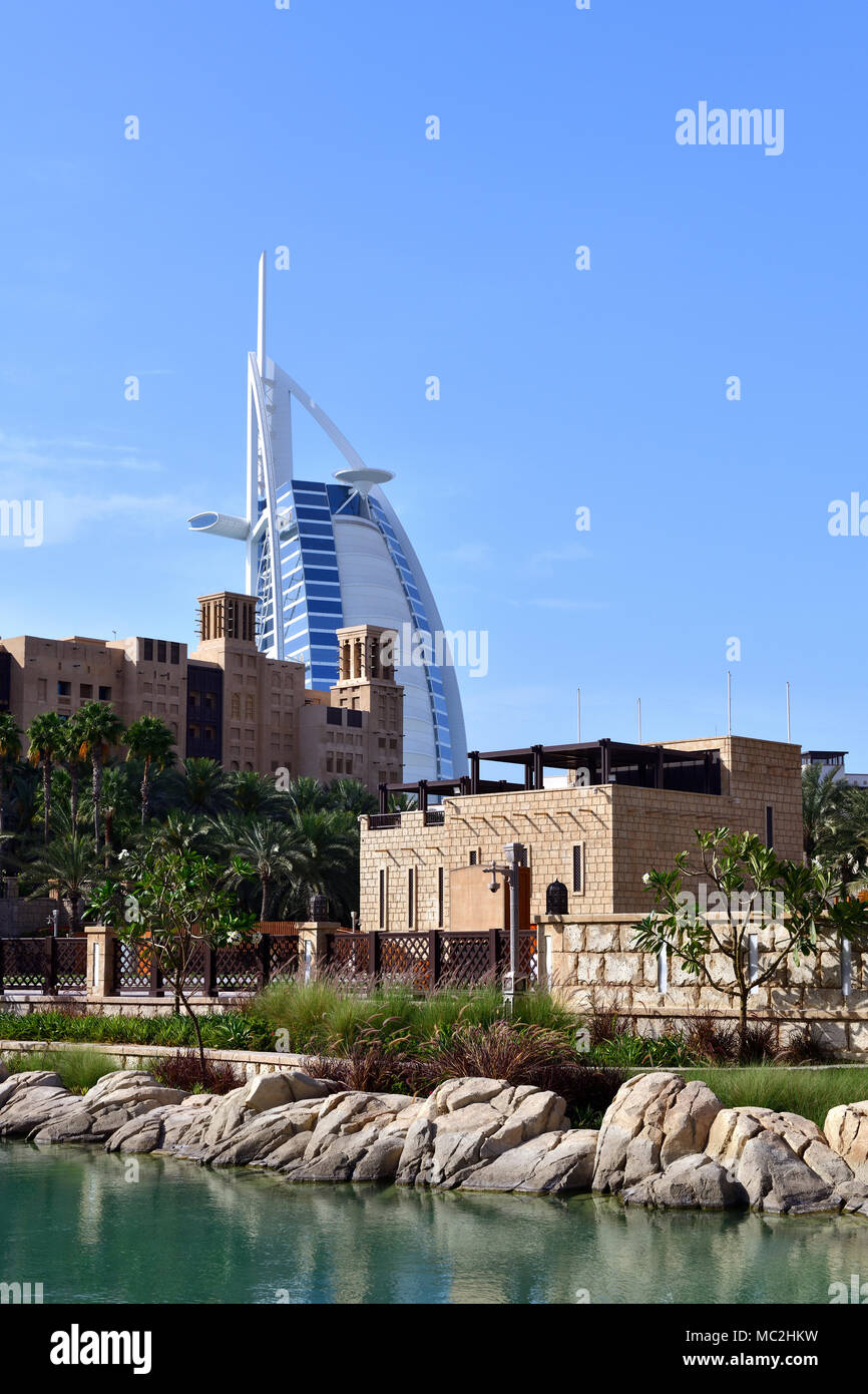 Dubai, UAE - April 8. 2018. Burj Al Arab - view from side of Madinat ...