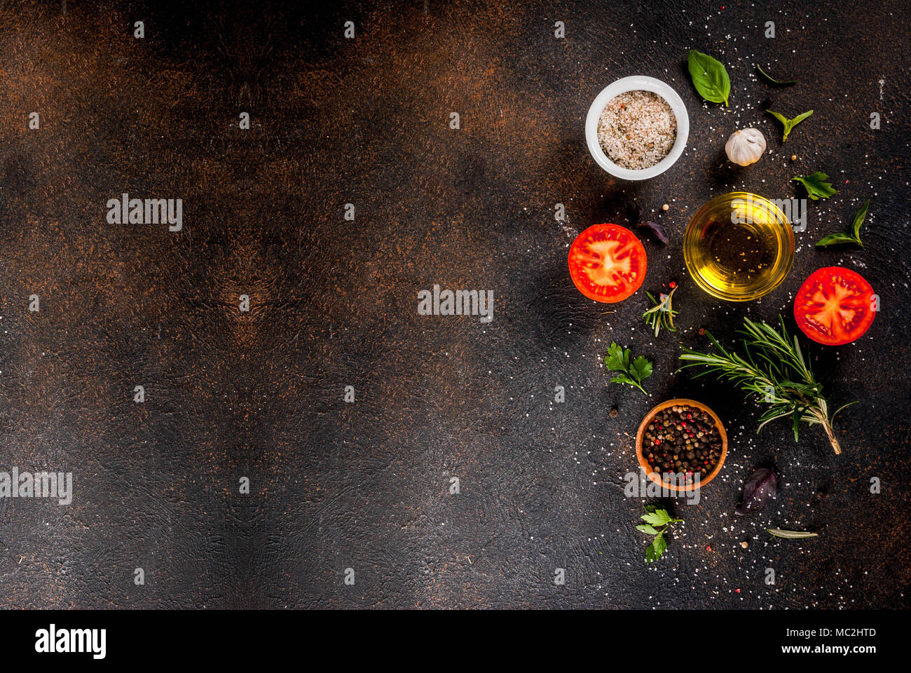 Cooking background, herbs, salt, spices, olive oil, dark rusty ...