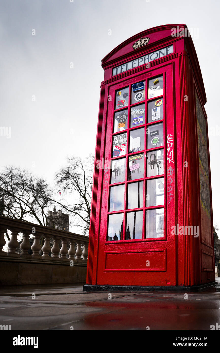 Traditional British Red Phone Box on Pavement - Westminster Square ...