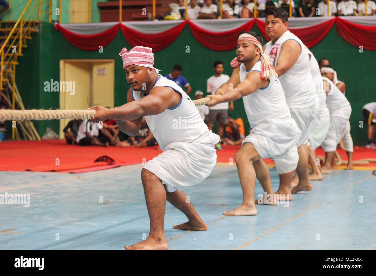 Guwahati, India. 12th Apr, 2018. Players in action in Traditional game ...