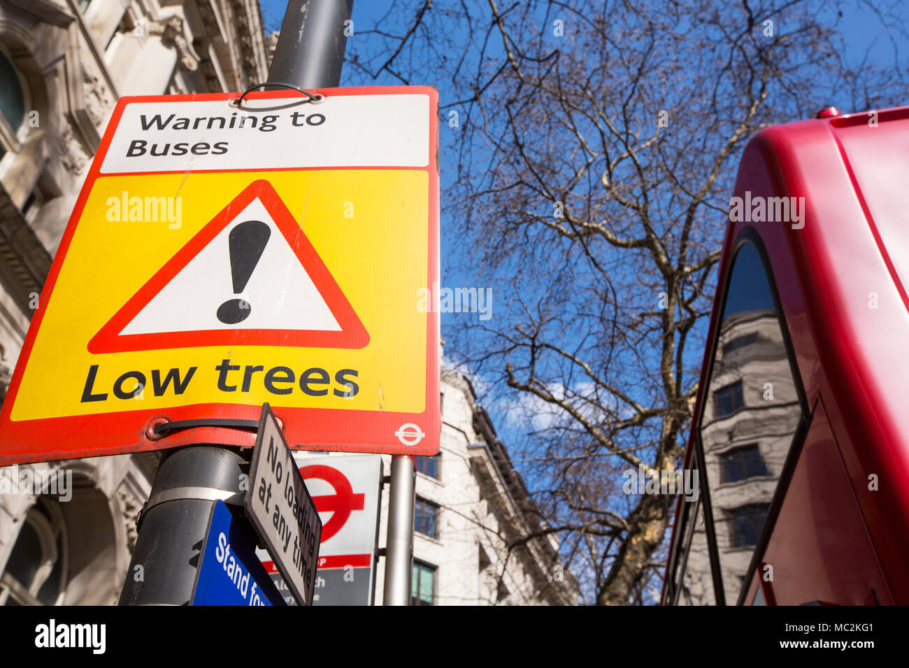 A warning sign about low trees in London, UK Stock Photo - Alamy