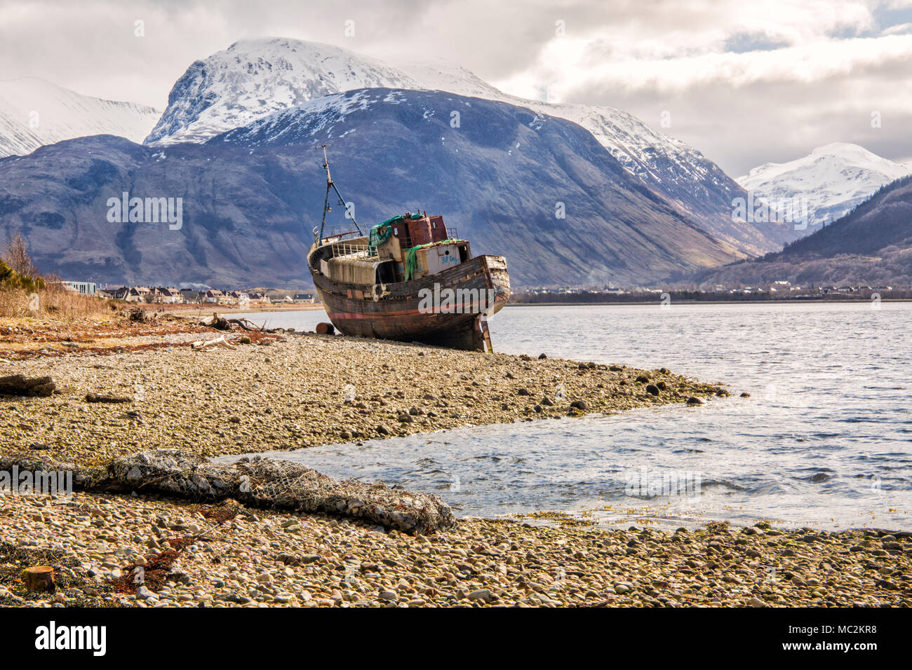 The wreck of the MV Dayspring boat with Ben Nevis behind, Corpach, Fort ...
