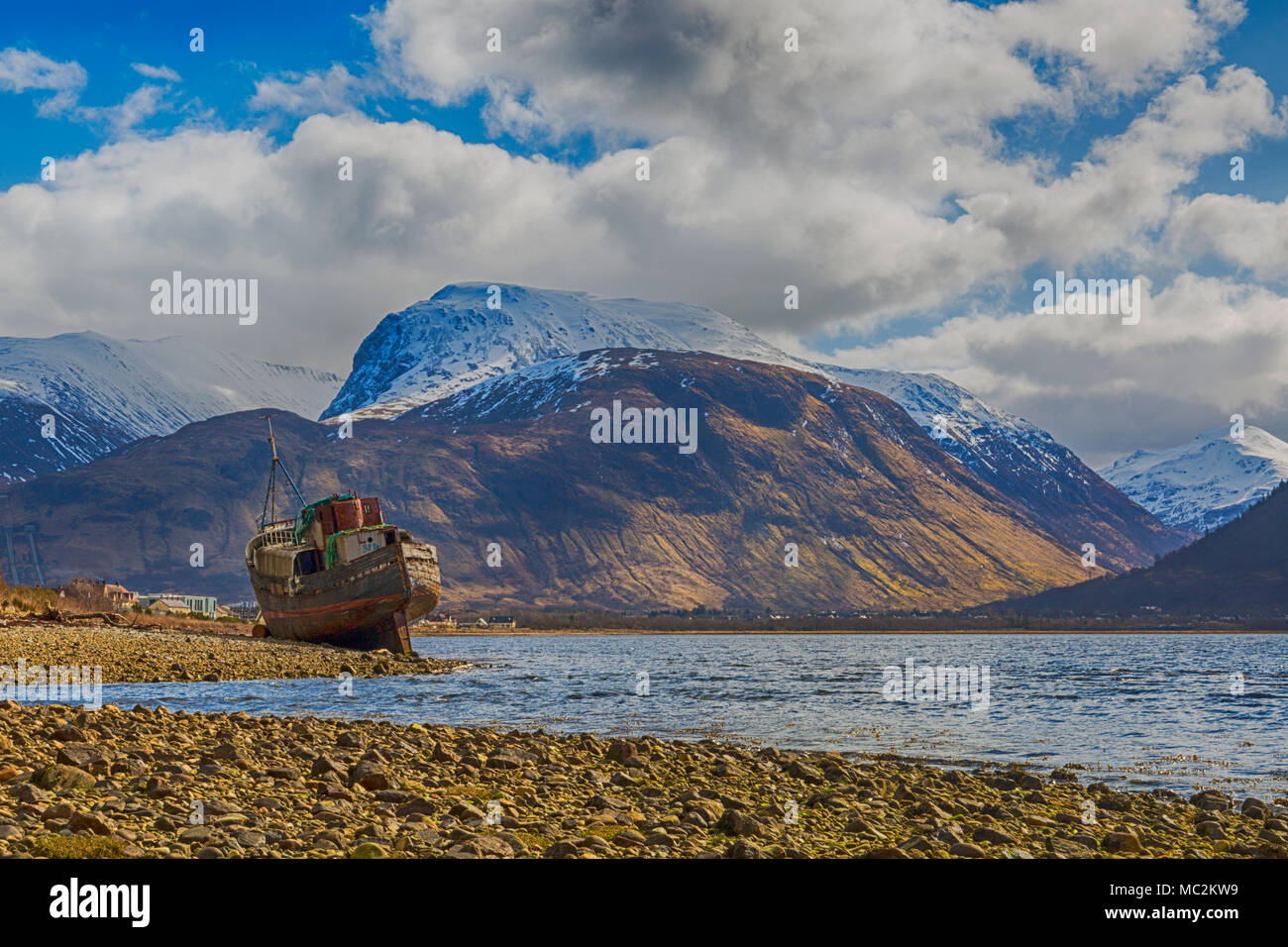 The wreck of the MV Dayspring boat with Ben Nevis behind, Corpach, Fort ...