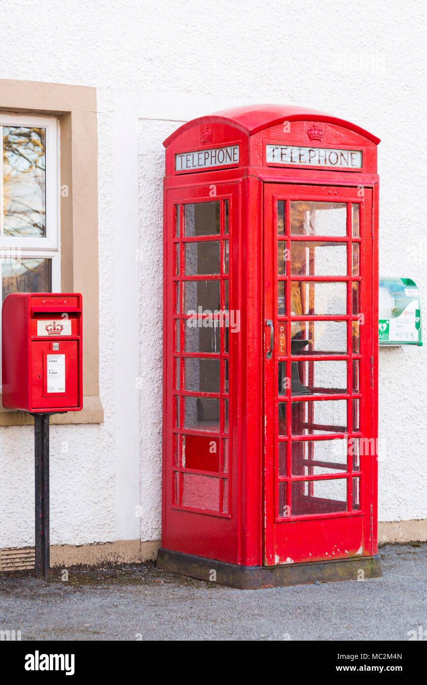 Red telephone box and red Royal Mail post box postbox outside Sligachan ...