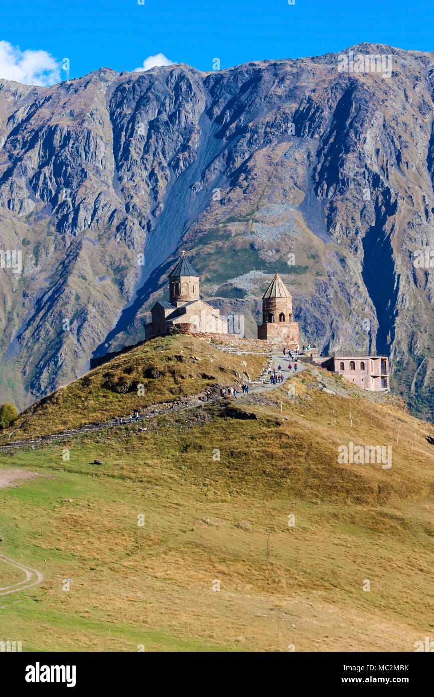 Gergeti Trinity Church (Holy Trinity Church) panoramic view. It is ...