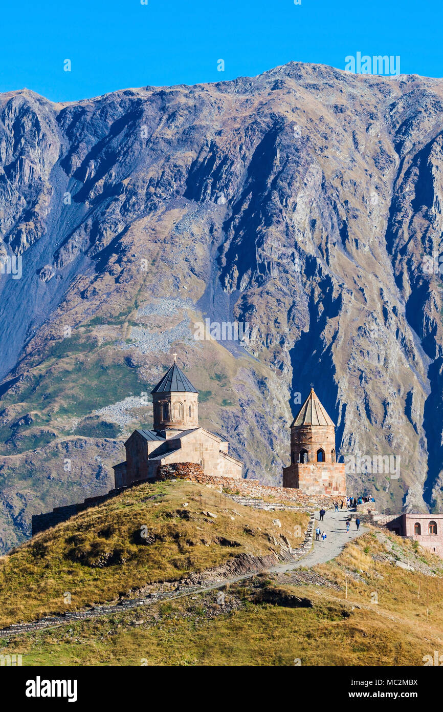 Gergeti Trinity Church (Holy Trinity Church) panoramic view. It is ...