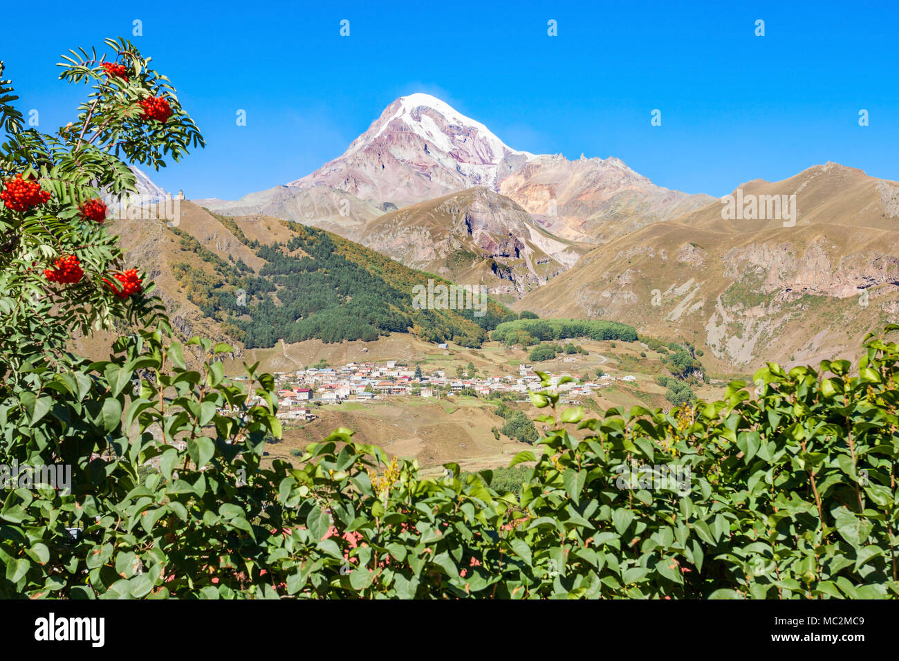Mount Kazbek and Stepantsminda town in Georgia. It is a one of the ...