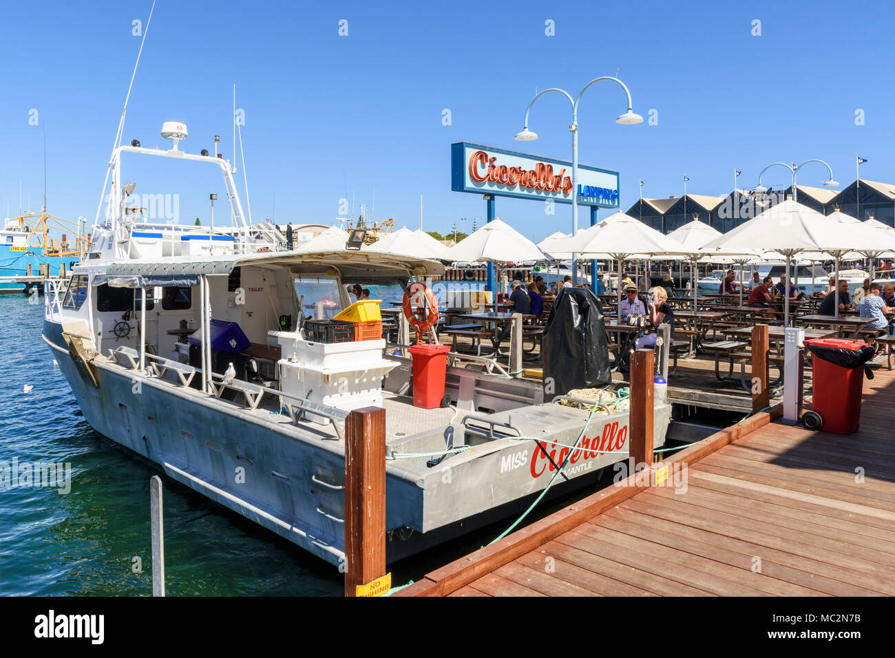 Cicerello's restaurant boat and wharf side tables at Fremantle Fishing ...